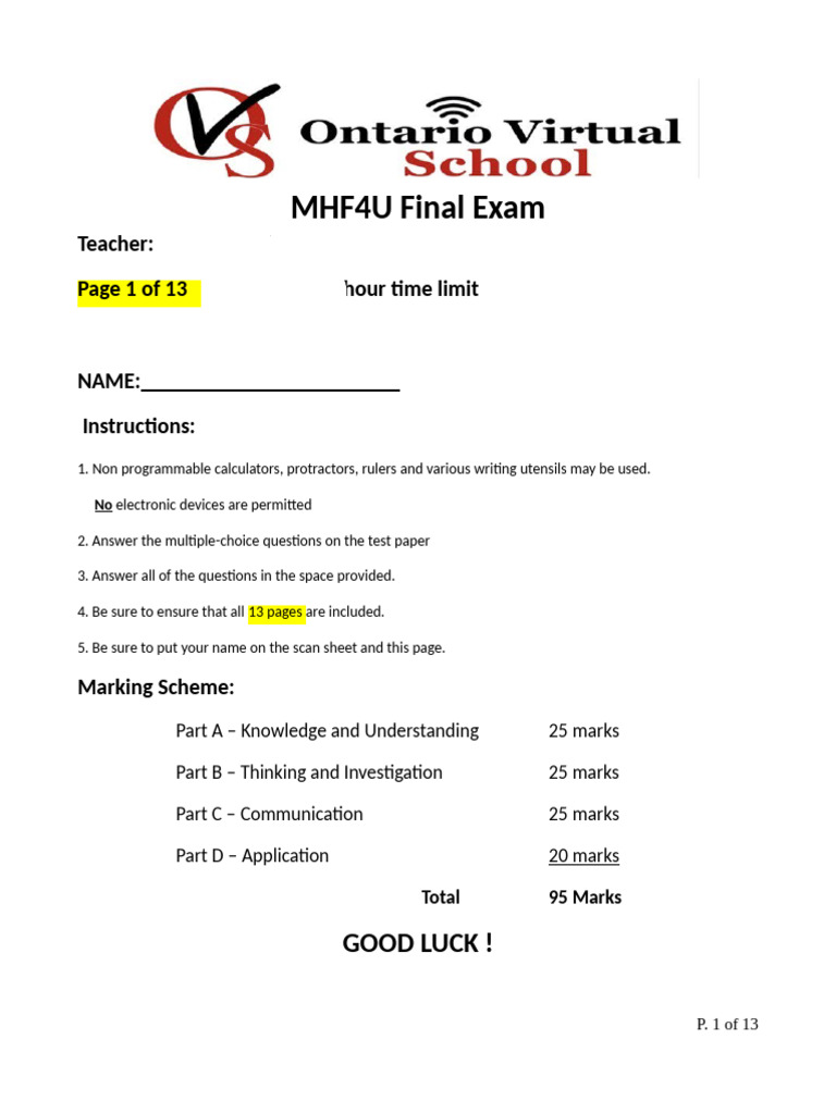 MHF4U 2024 Final Exam V2 - Questions | PDF | Mathematics | Mathematical ...