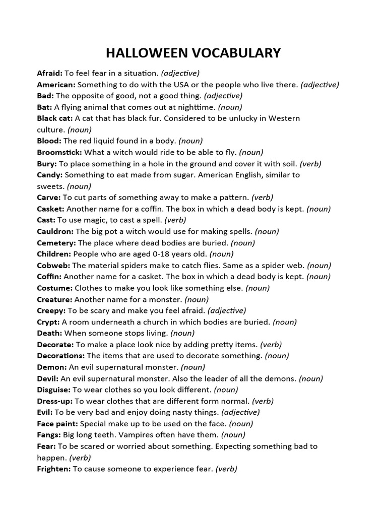 Halloween - Vocabulary To Print | PDF | Ghosts | Adjective