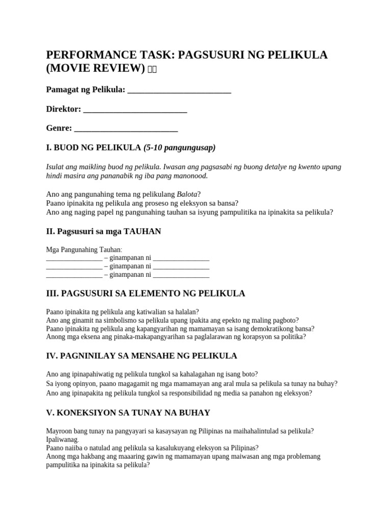 Performance Task: Pagsusuri NG Pelikula (Movie Review) | PDF