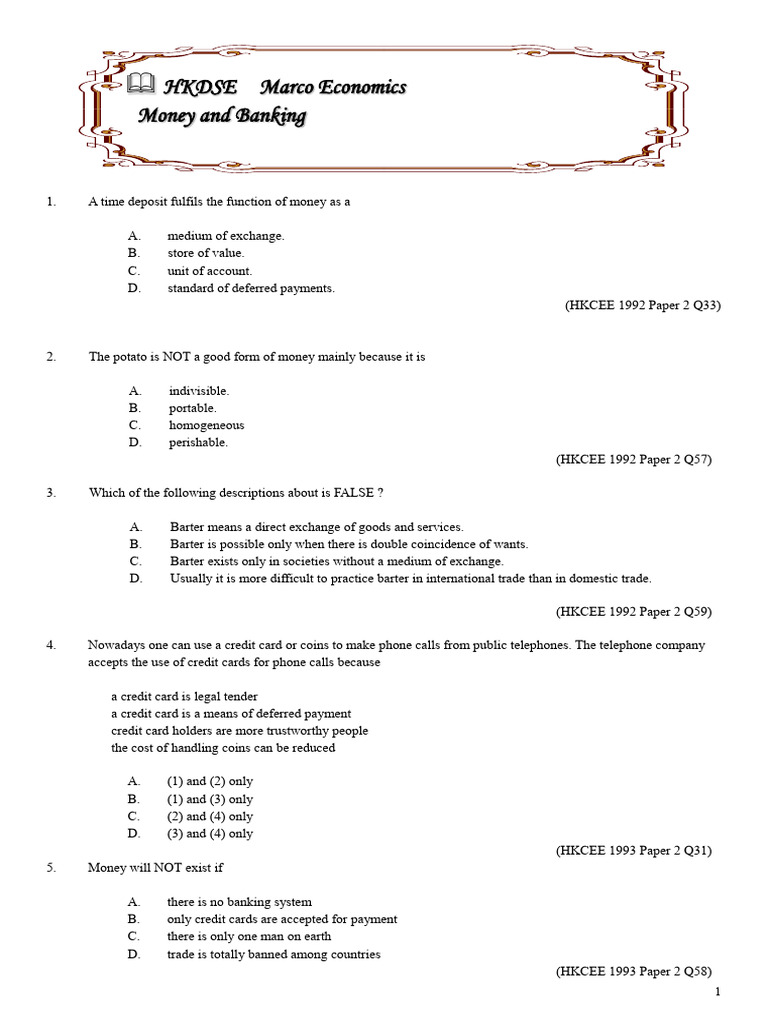 Ch.4 to Ch.6 Money, Banking, Money Supply, Credit Creation, Monetary Policy_MC_with Answer | PDF ...