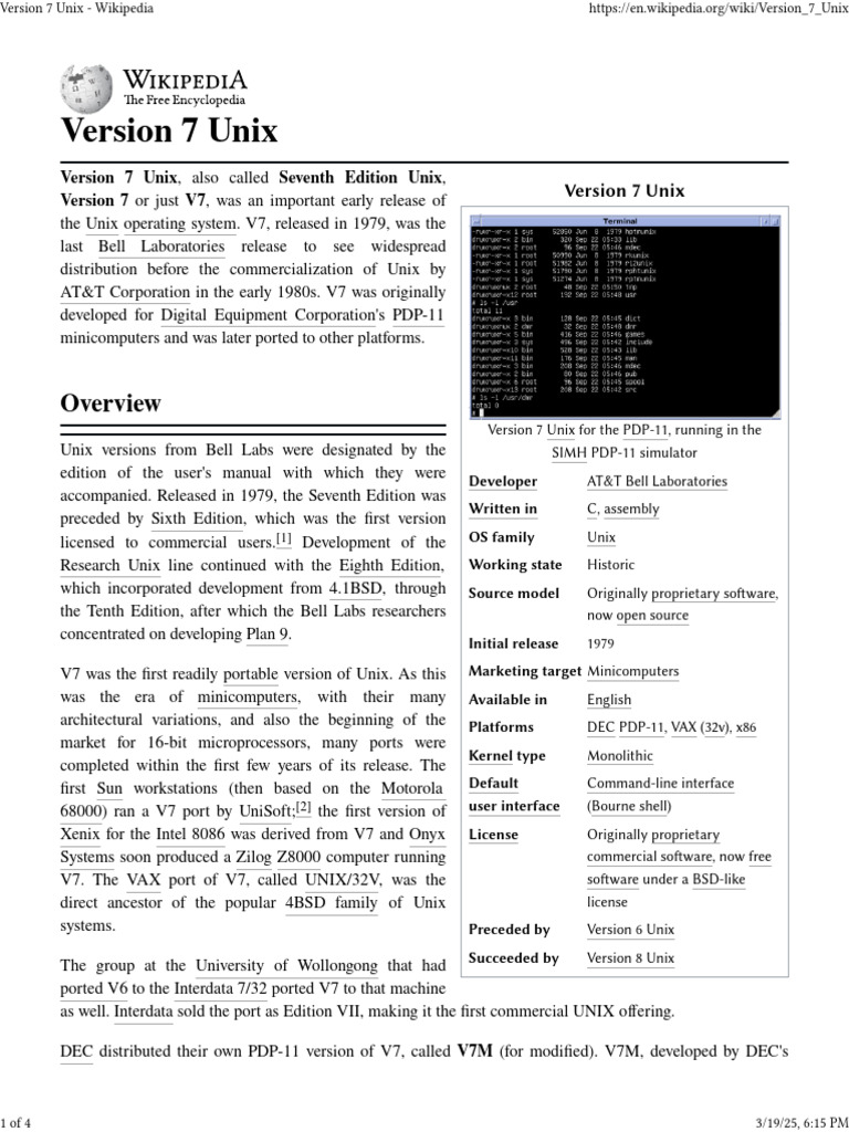 Version 7 Unix Wikipedia Pdf Computer Architecture Unix Variants