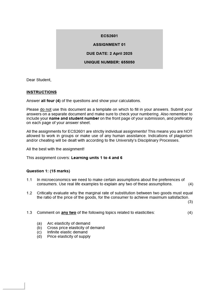 ECS2601 Assignment 01 Instructions | PDF | Elasticity (Economics) | Demand