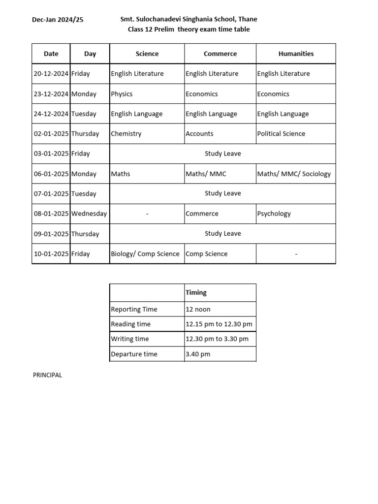 Class 12 Prelim Exam Timetable 2024-25 | PDF