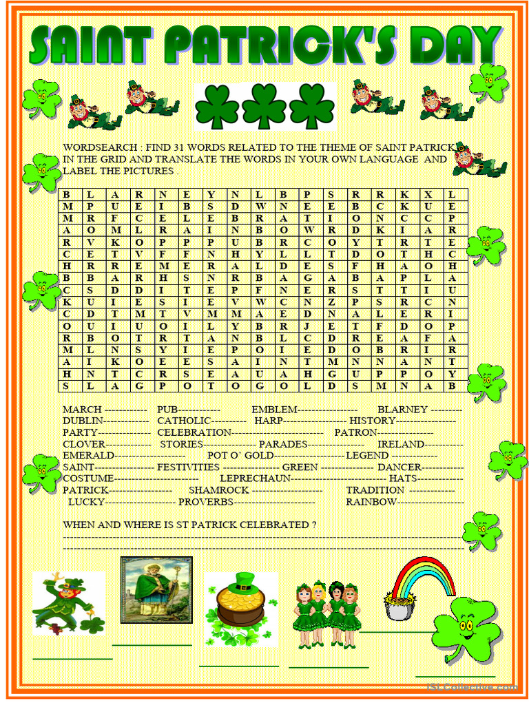St. Patrick's Day Word Search Activity | PDF | Ireland | Celtic Folklore