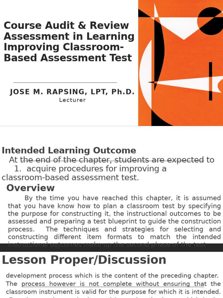 Course Audit 3 Improving Classroom Based Assessment Test Assessment of ...