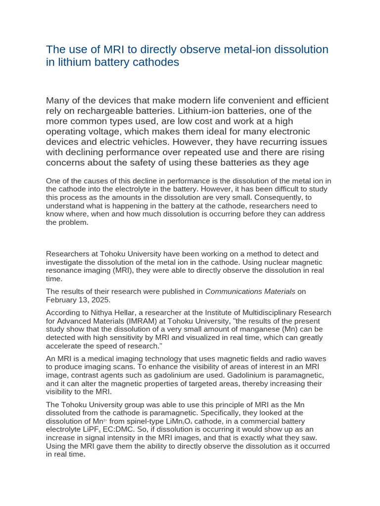 The Use of MRI To Directly Observe Metal | PDF | Lithium Ion Battery ...