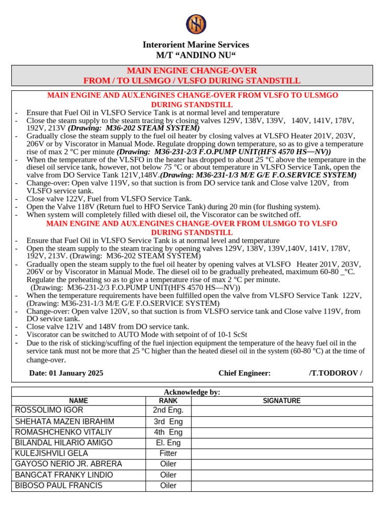 Change Over ME VLSFO - ULSMGO - Stand | PDF | Diesel Engine | Fuel Oil