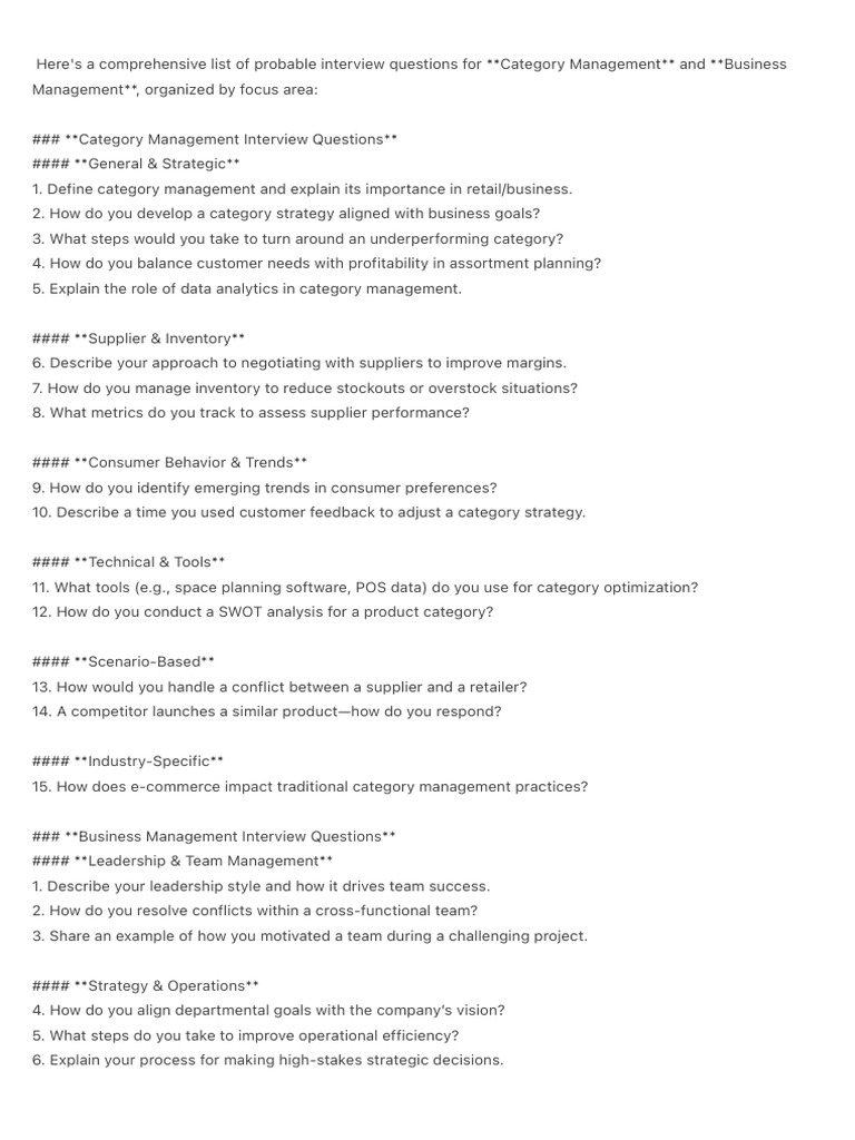 Interview Questions for Category & Business Management | PDF ...