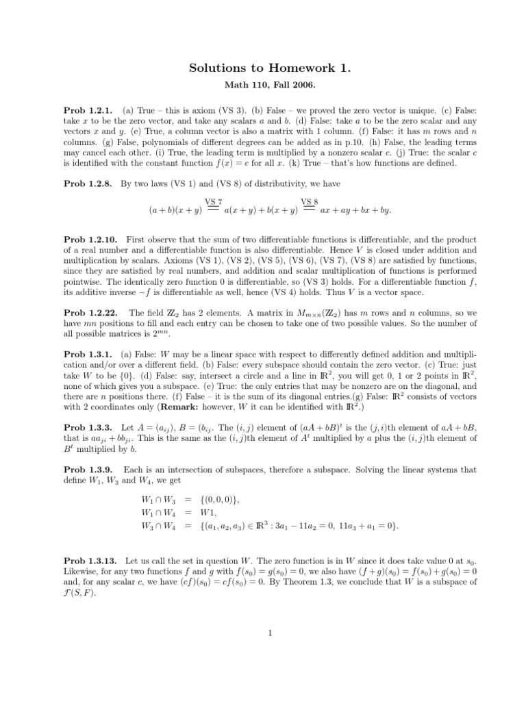 Math 110 Homework 1 Solutions | PDF | Linear Subspace | Vector Space