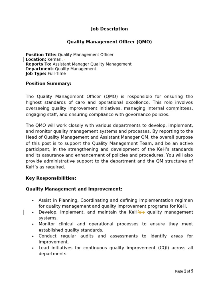 JD_Quality Management Officer-MQ | PDF | Quality Management | Patient Safety