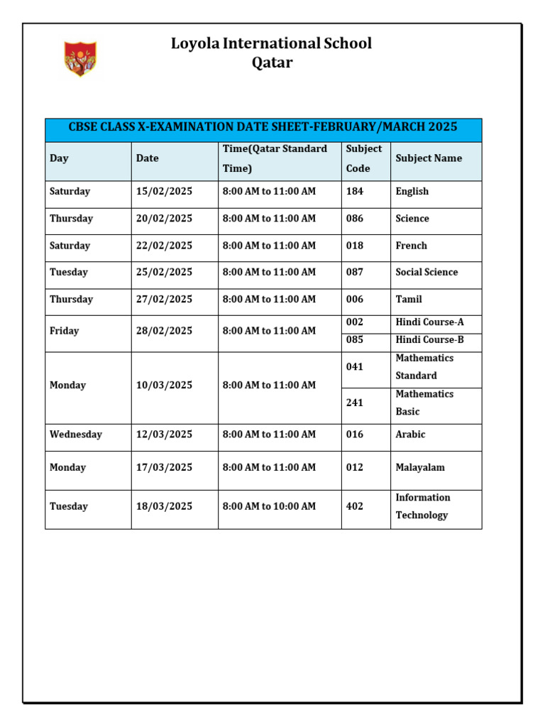 Cbse Class X-Date Sheet | PDF