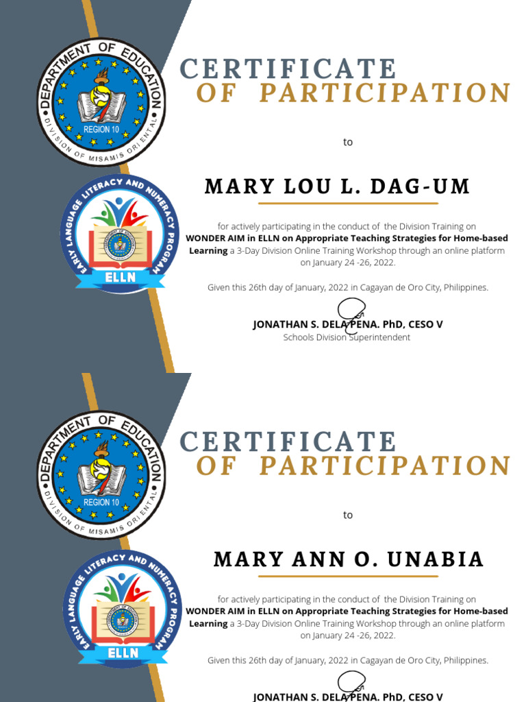 Certificate of Participation in ELLN Training | PDF