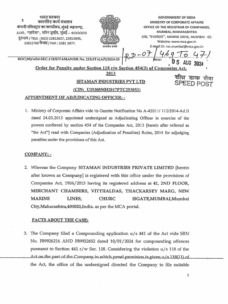 Sitaman Order Sec 118 20240806 | PDF | Fine (Penalty) | Business
