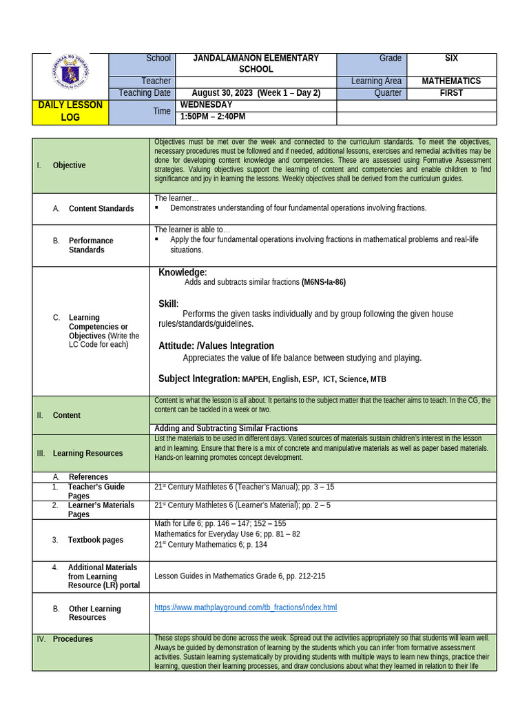 Math 6 Q1 Week1 Day1 | PDF | Learning | Teachers