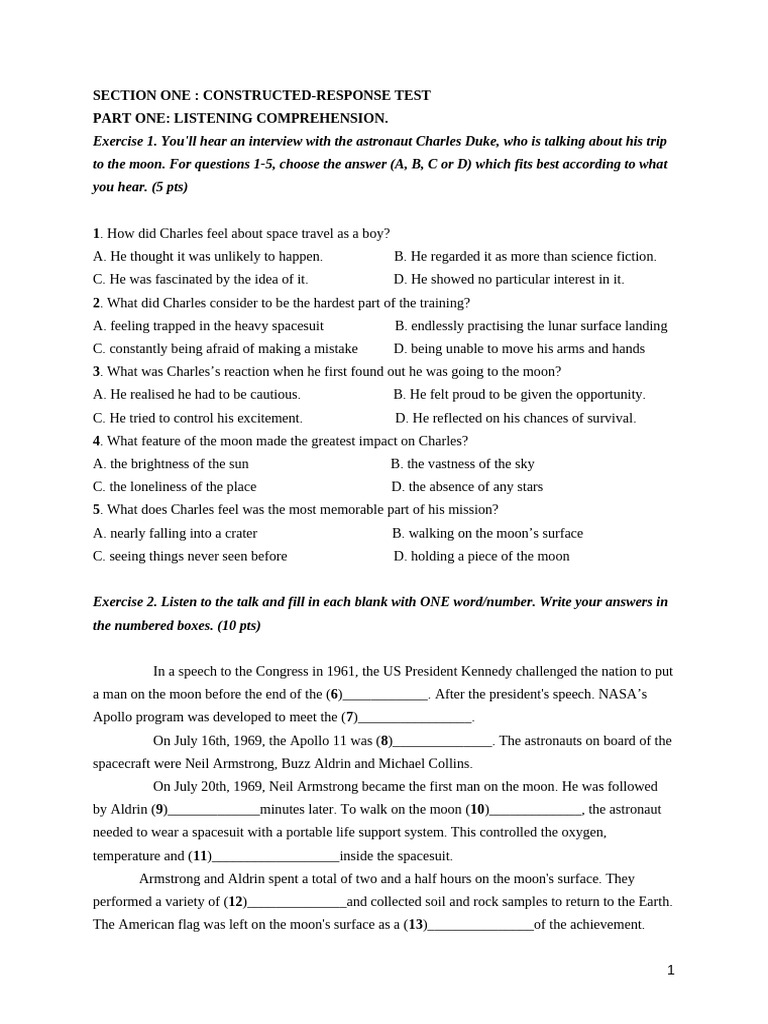 Listening Comprehension Test on Moon Mission | PDF | Cuneiform | Apollo 11