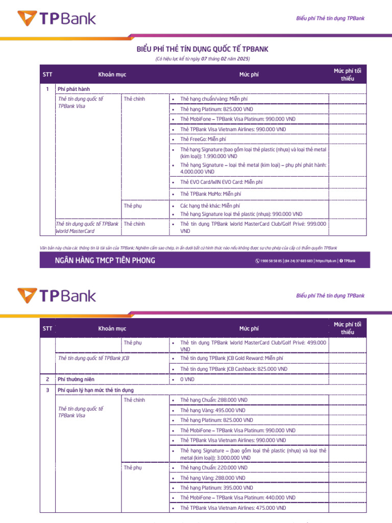 Bieu Phi The Tin Dung Quoc Te Va Noi Dia Tpbank +12.2024 | PDF