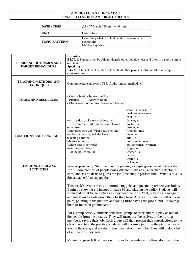 4th Grade English Lesson Plan: Jobs | PDF | Teaching | Applied Linguistics