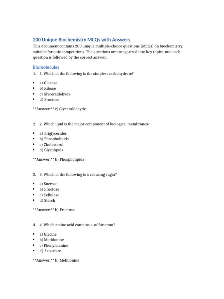 Biochemistry_Quiz_200_MCQs | PDF | Glycolysis | Rna