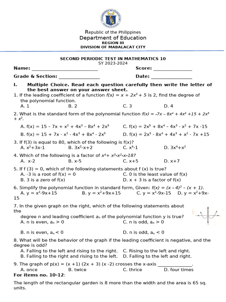 Mathematics 10 Periodic Test Guide | PDF | Polynomial | Function ...