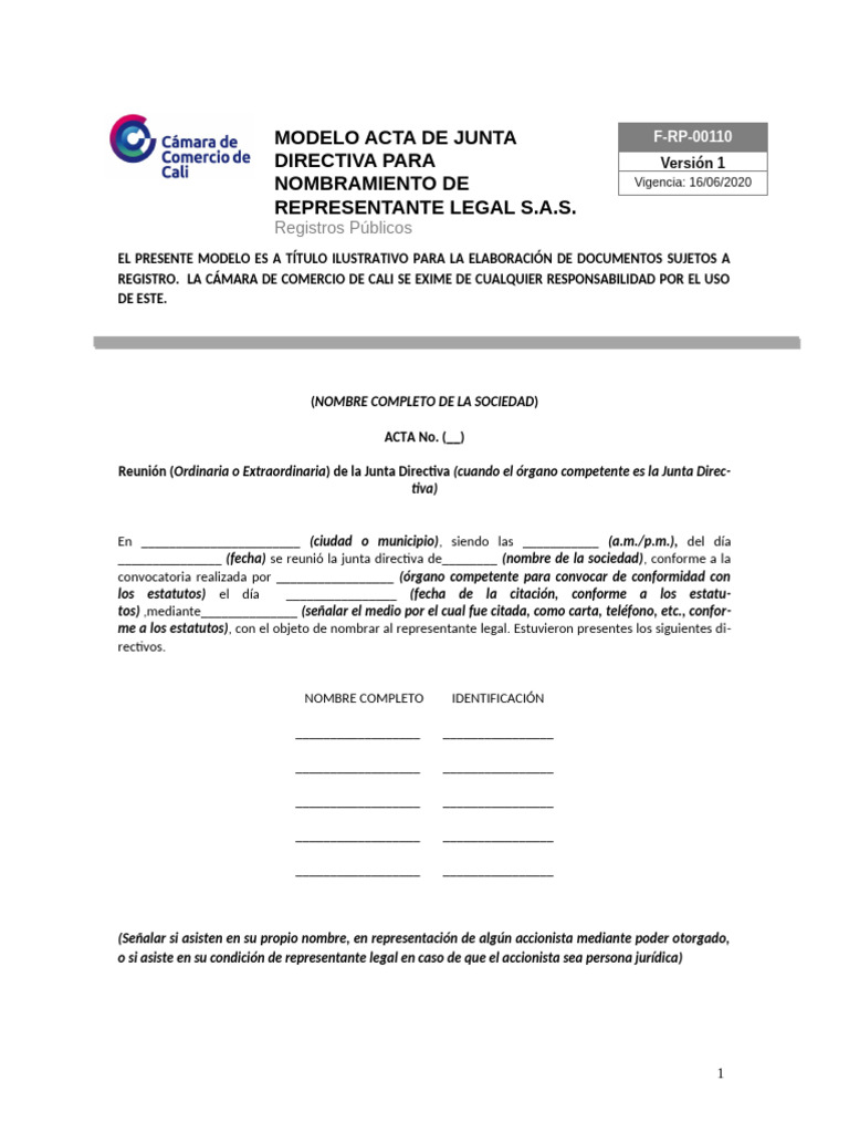 Modelo de Acta de Junta Directiva para Nombramiento de Representante Legal S.A.S | PDF | Gobierno