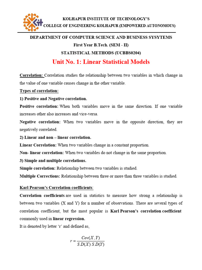 UCBBSC0204 Unit 1 Linear Statistical Models 1 | PDF | Statistical ...