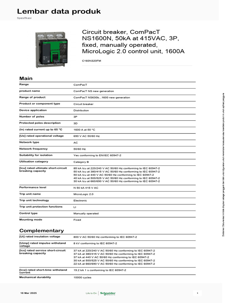 Schneider Electric - ComPacT-NS-new-generation - C160N320FM | PDF | Alternating Current | Voltage