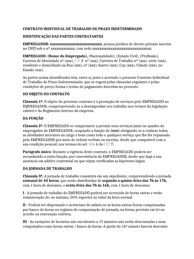 contrato-individual-de-trabalho-por-prazo-indeterminado-2024 | PDF | Hora extra | Emprego
