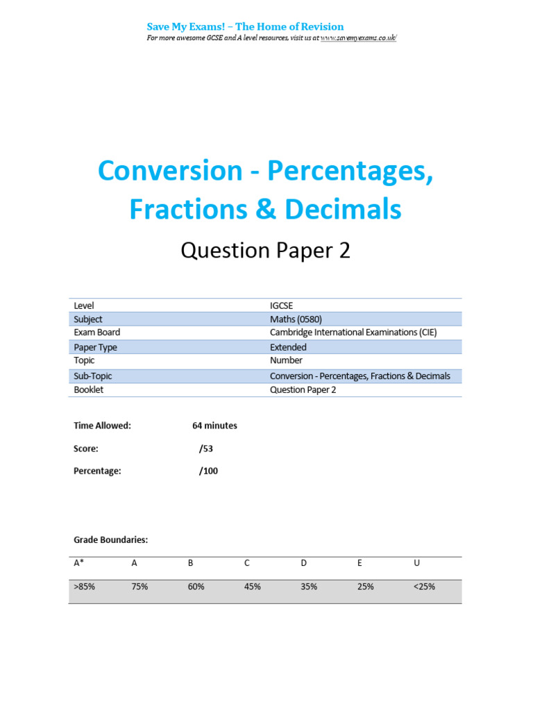 15.2 Conversion - Percentages Fractions Decimals - Cie Igcse Maths 0580 ...