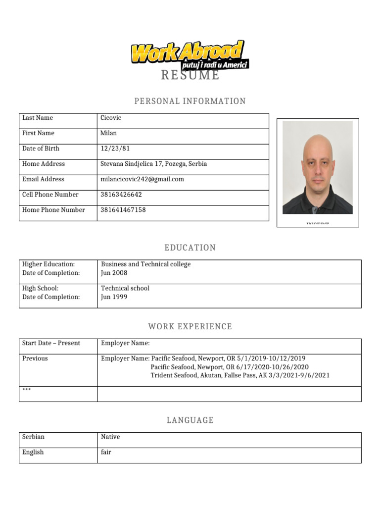 H2B Resume for Milan Cicovic | PDF