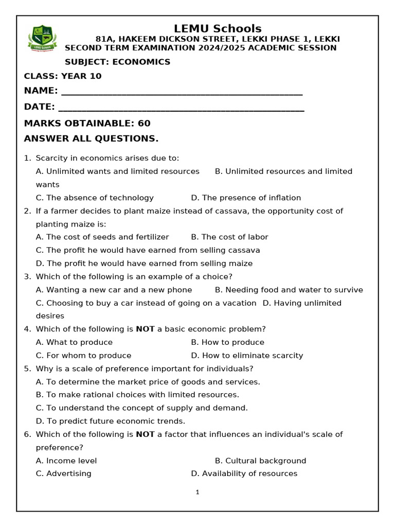 Year 10 Exam Econs T2 2024 25 | PDF | Supply (Economics) | Demand