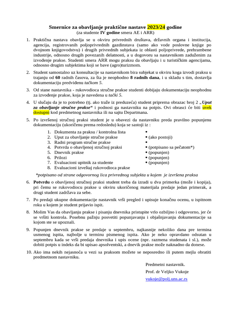 Smernice Za Obavljanje Praktične Nastave 2023 24 | PDF