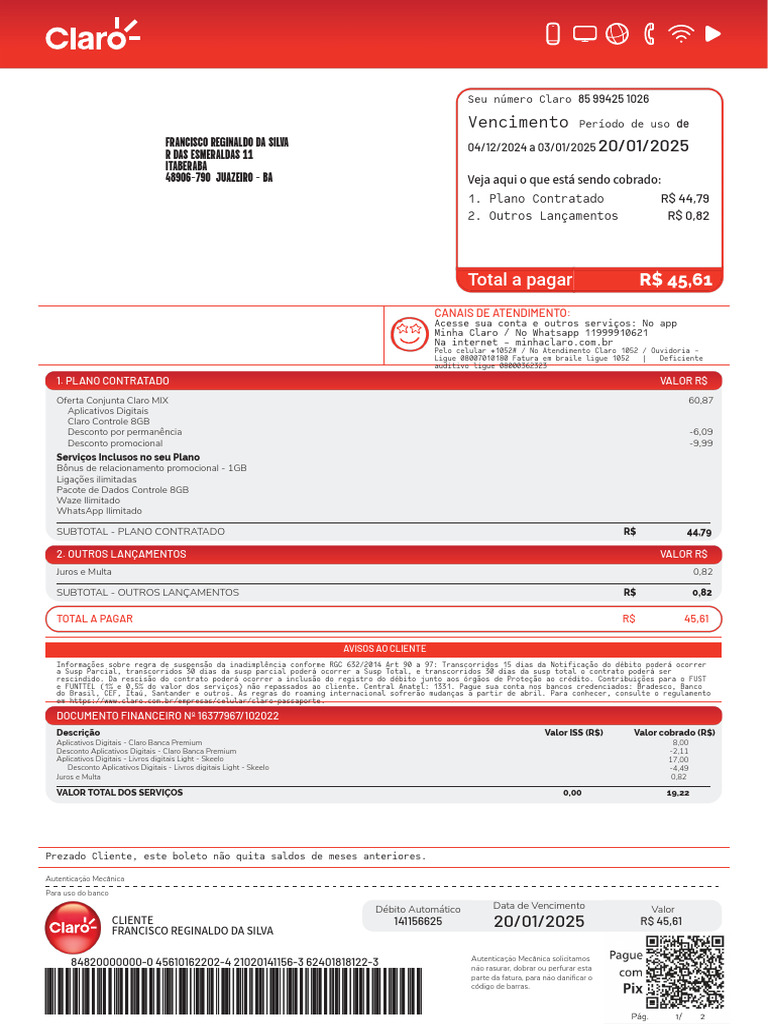 Fatura Claro Controle - Janeiro 2025 | PDF | Serviços financeiros | Bancos
