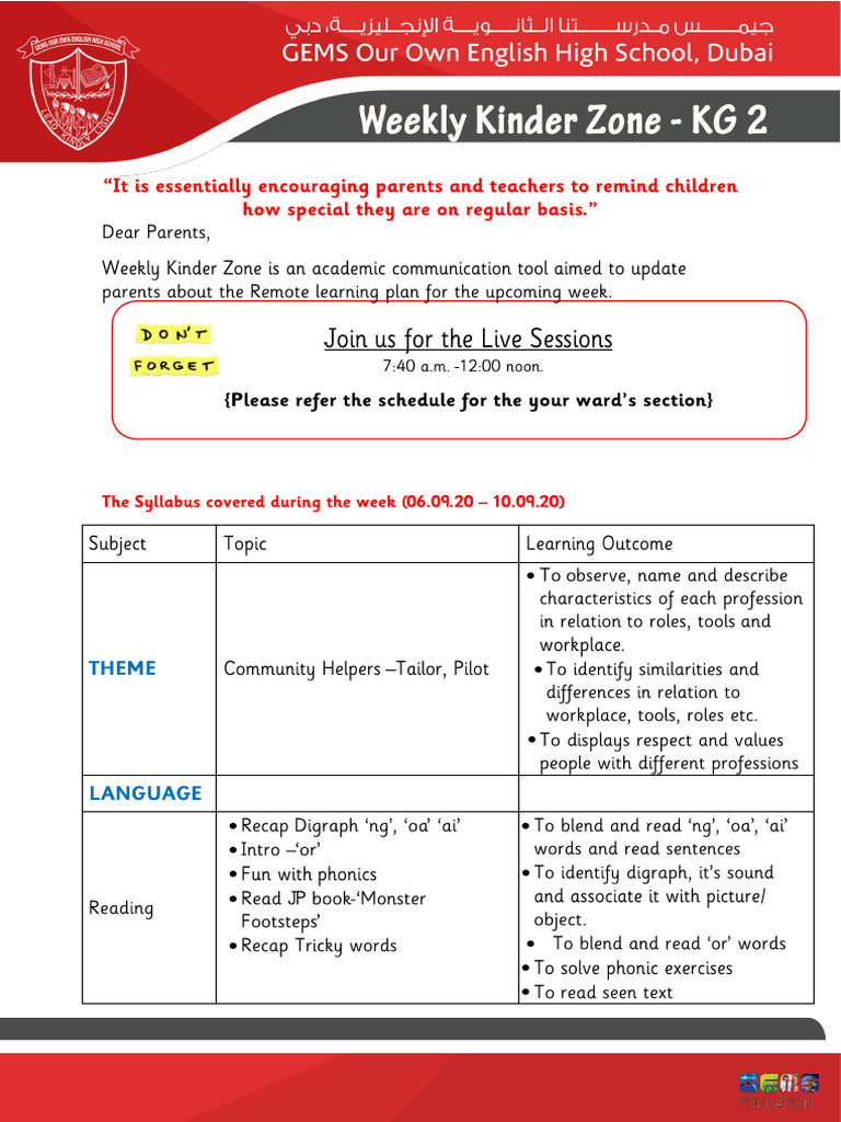 KG2 Weekly Kinderzone Week - 14 | PDF