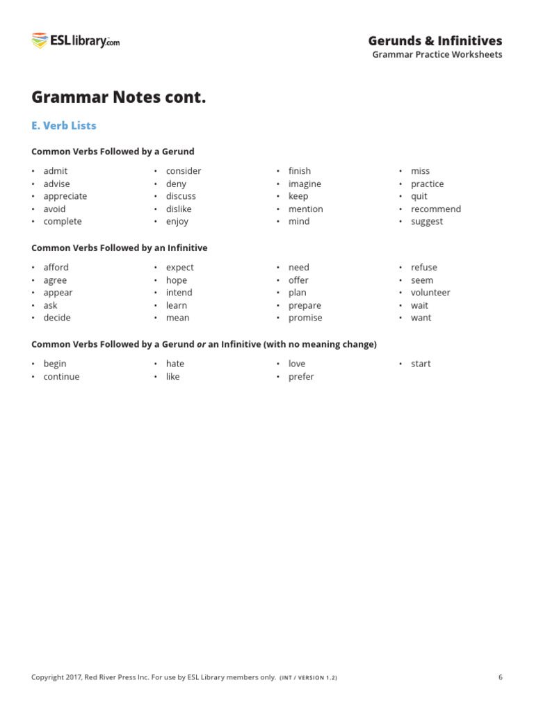 Gerunds & Infinitives – Grammar Practice Worksheets – ESL Library | PDF