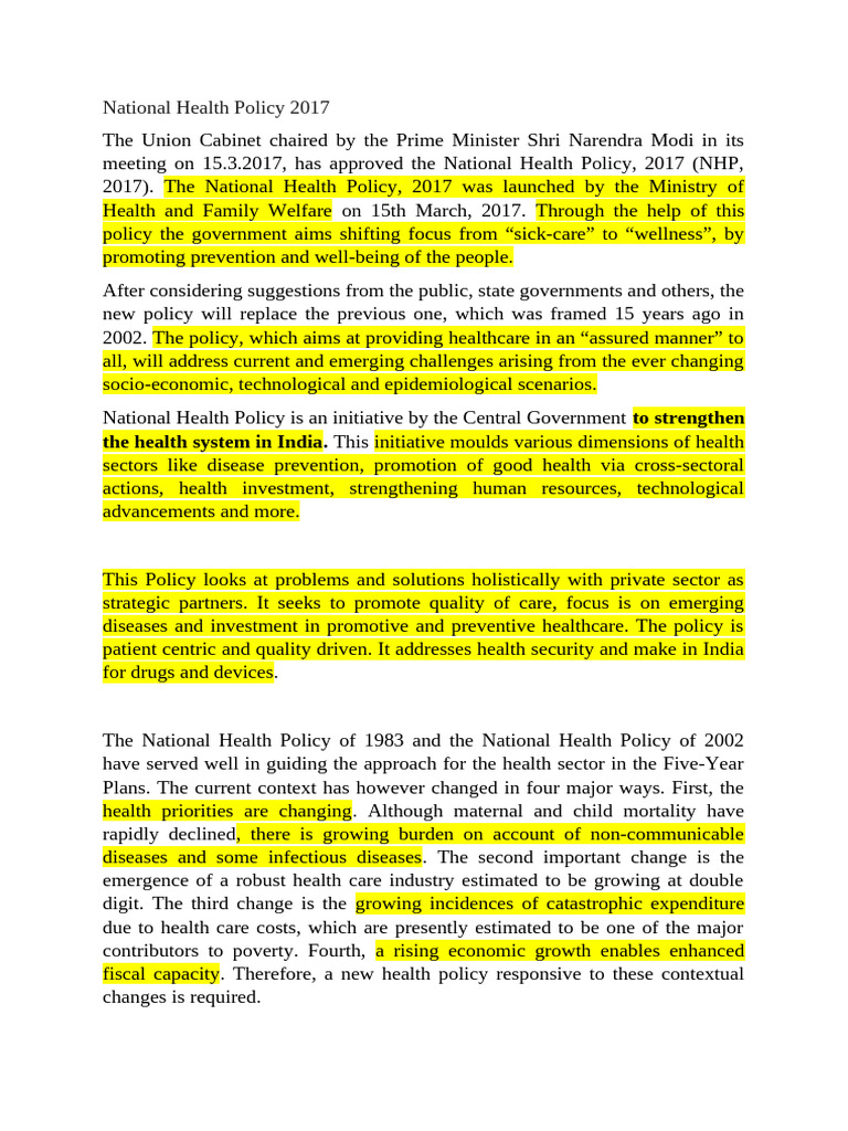 NHP 2017 Salient Features or Summary | PDF | Health Care | Health Policy