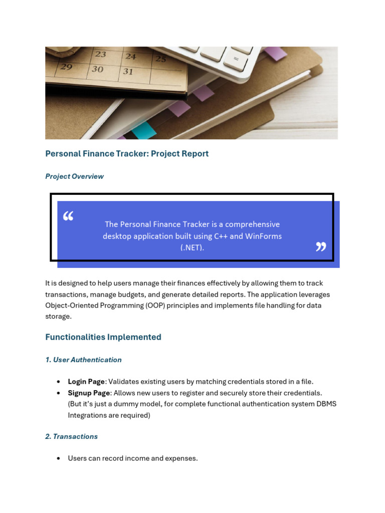 Personal Finance Tracker Project Report | PDF