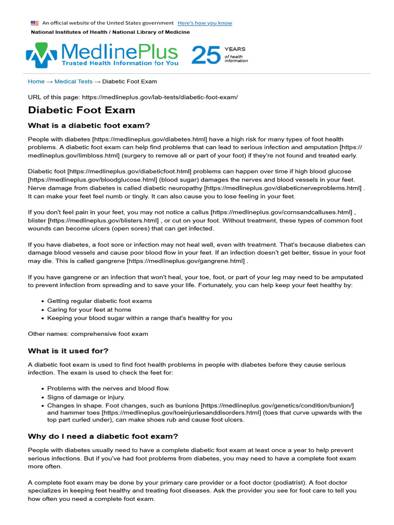 Diabetic Foot Exam - MedlinePlus Medical Test | PDF | Diabetes | Human ...