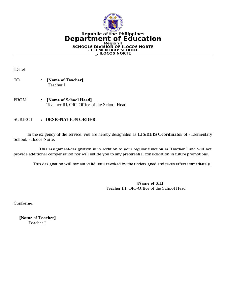 Designation Order for LIS/BEIS Coordinator | PDF