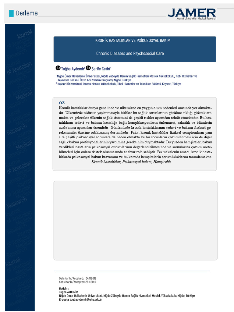 Kronik Hastal Klar Ve Psikososyal Bak m[ | PDF