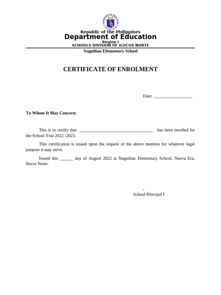 Certificate of Enrollment - Naguilian School | PDF