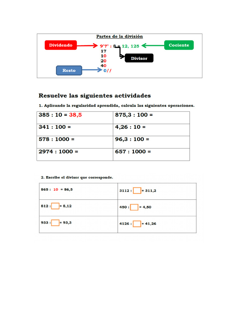 Divisiones Decimales Por 100, 1000 | PDF