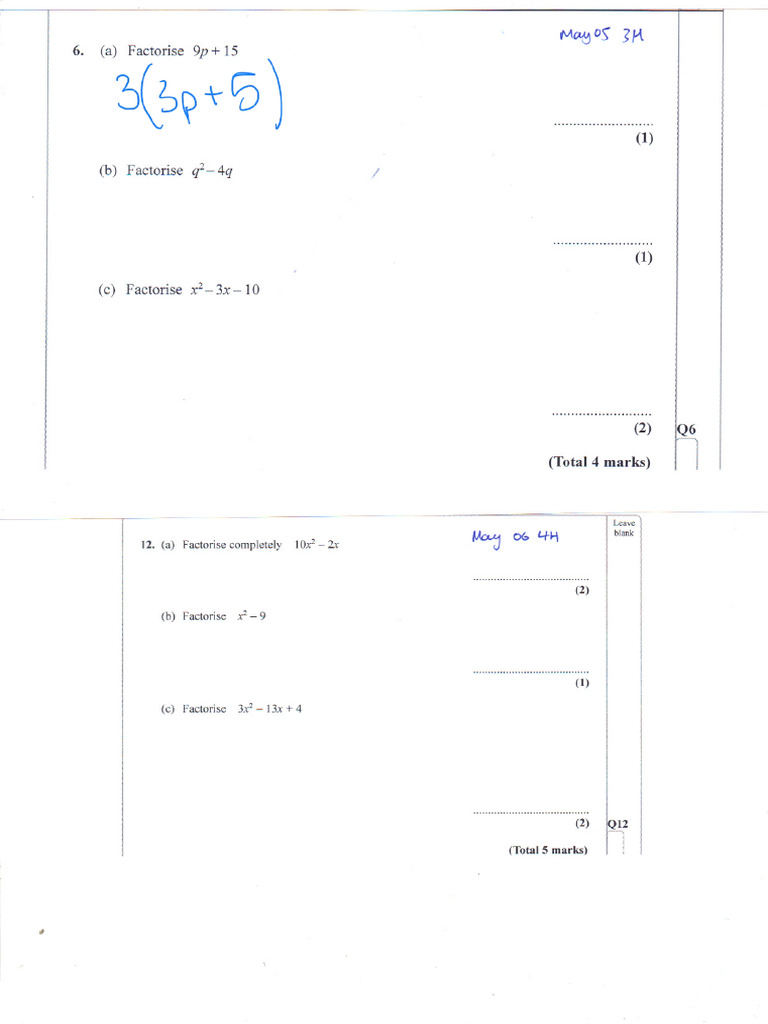 Factorising Quadratics Qs Mathsaurus Pdf