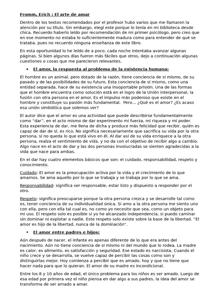 Resumen de El arte de amar. Fromm Erich | PDF | Amor | Razón