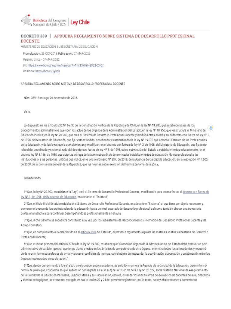 Ley Chile - Decreto 339 07-Mar-2022 Ministerio de Educación, Subsecretaría de Educación ...