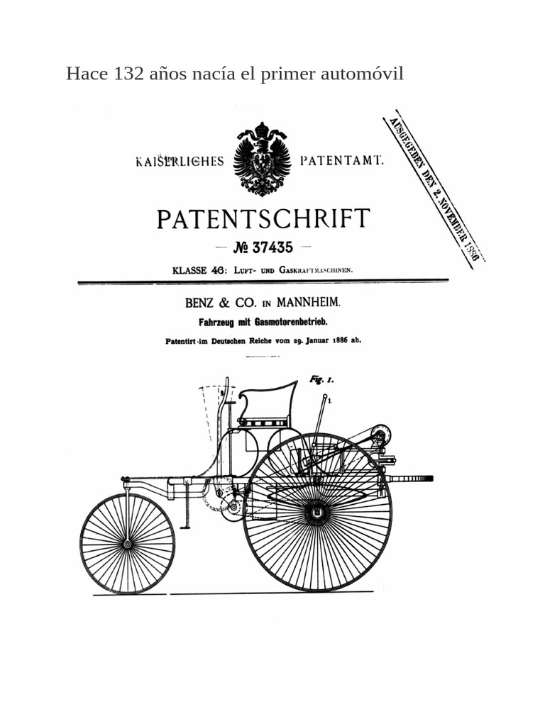 Primer automóvil: Carl Benz, 1886 | PDF | Coche | Tecnología de vehículos