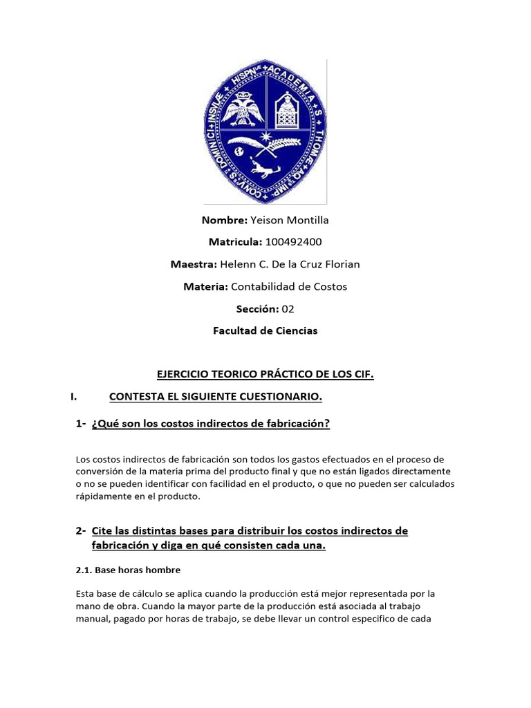 Ejercicio Teorico Práctico de Los Cif, Costos I, Unidad v. Yeison ...