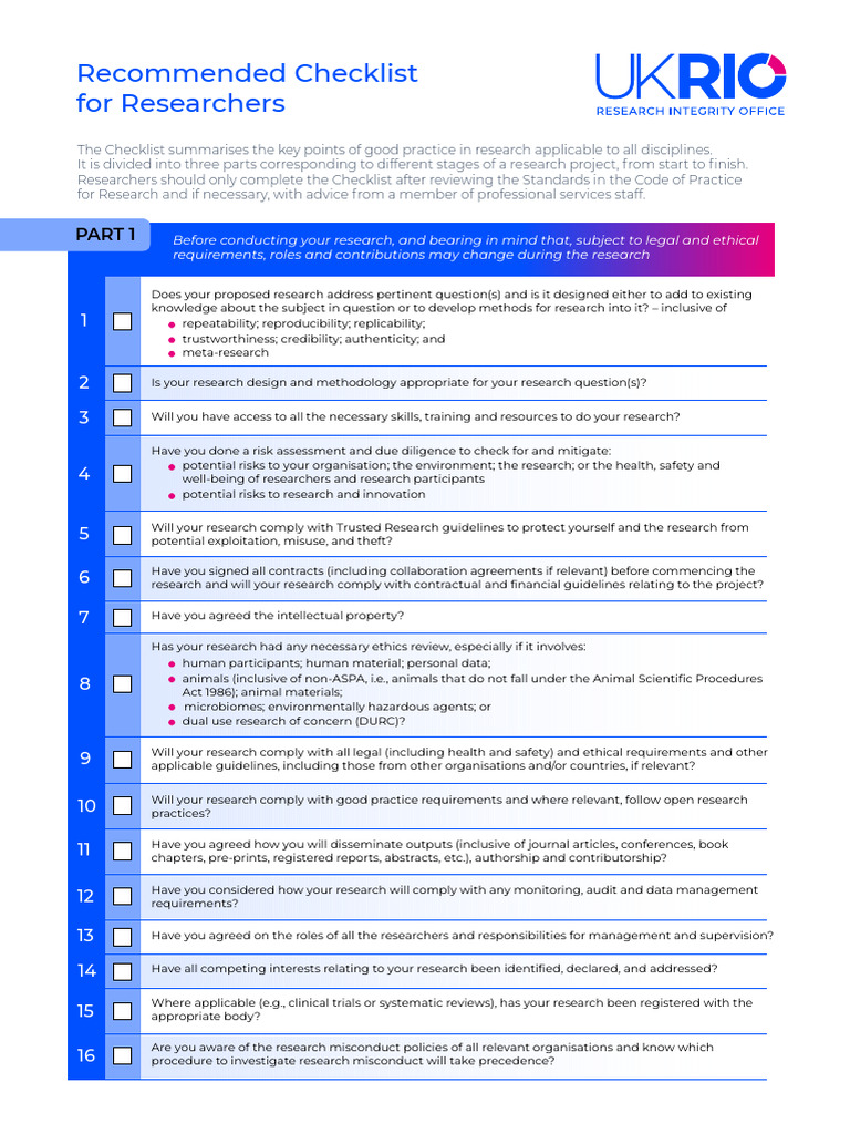 UKRIO Recommended Checklist For Researchers | PDF | Science | Inquiry