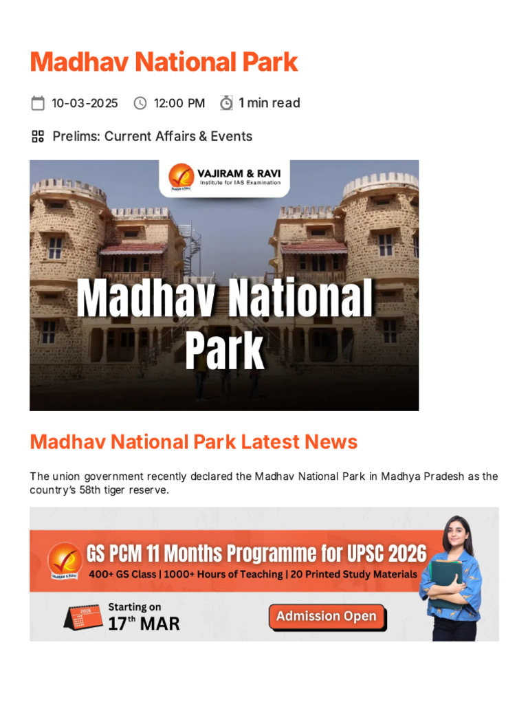 Madhav National Park: India's 58th Tiger Reserve | PDF | Natural ...