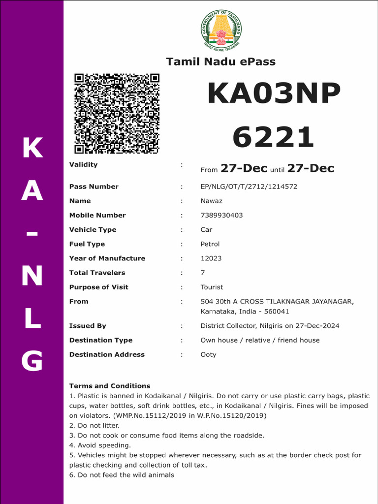 Ooty Entry Pass Format | PDF