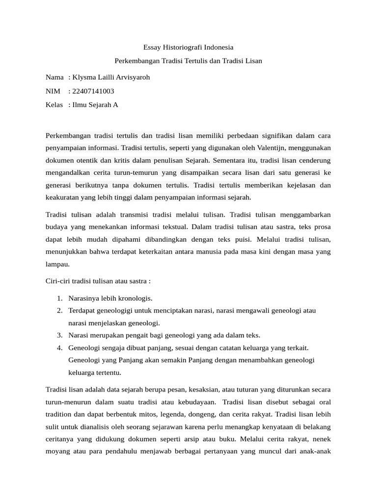Essay Historiografi Indonesia (Perkembangan Tradisi Tulis Dan Tradisi Lisan) | PDF